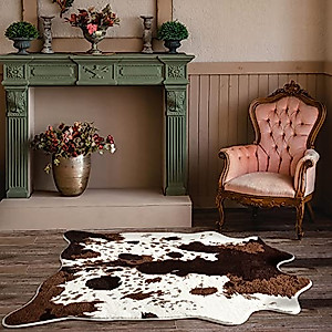 Acapet Cow Print Area Rugs Cowhide Rugs 4.6ft x5.2ft for Living Room Bedroom Western Decor, Cute Fluffy Cowhide Carpet Faux Fur Rug, Soft Fuzzy Rug for Home, Brown and White,(140 * 158cm)