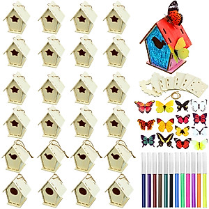 Outus 24 Pcs Wooden Birdhouse Craft Kits for Kids to Build, 4 Shapes Bird House Kit Wooden Unfinished with Watercolor Pen and Butterfly Sticker for Boy Girl Arts Crafts Bulk Painting Kits (Vintage)