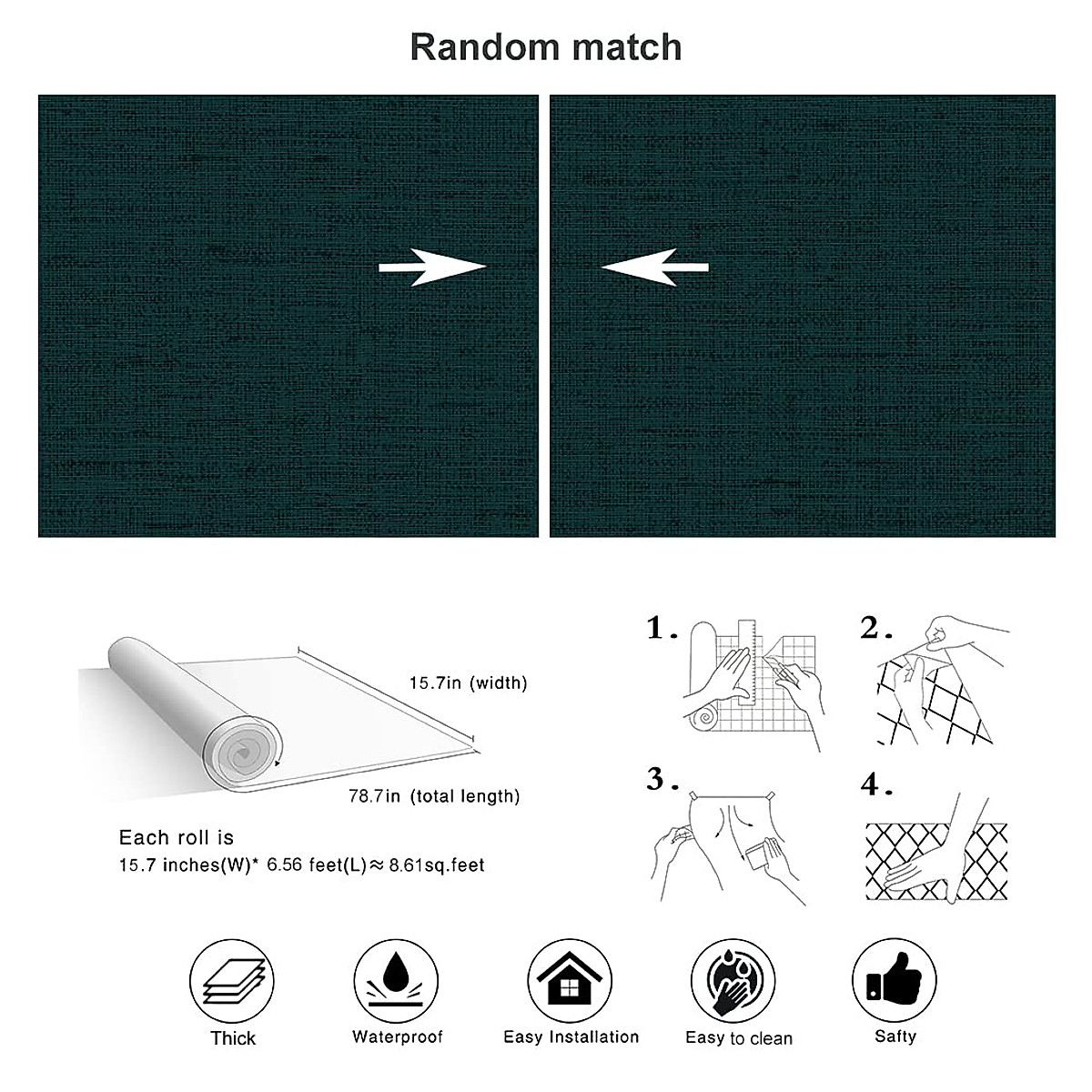 Akywall Grasscloth Peel and Stick Wallpaper Blackish Green Textured Fabric Linen Contact Paper Waterproof Self Adhesive Stick on Wall Paper Removable Vinyl Roll for Cabinet Drawer 15.7" x 78.7"