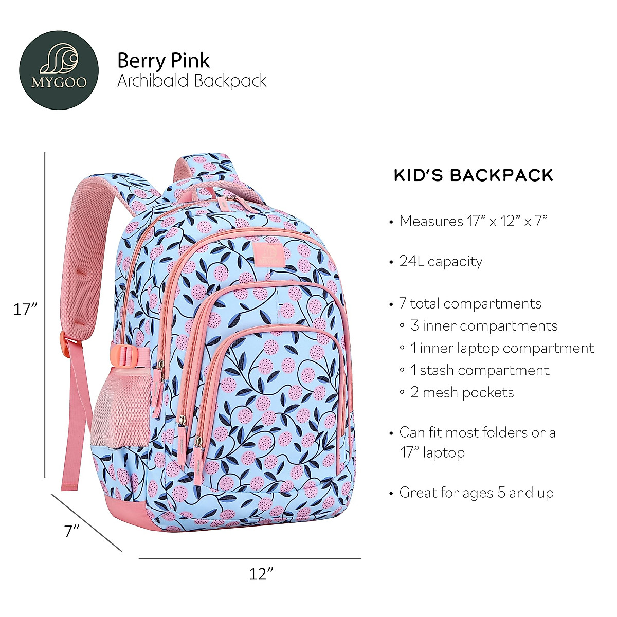 MYGOO Girls Backpack - 17" Tall Colorful School Bag, Archibald Collection, 24L Capacity, Berry Pink