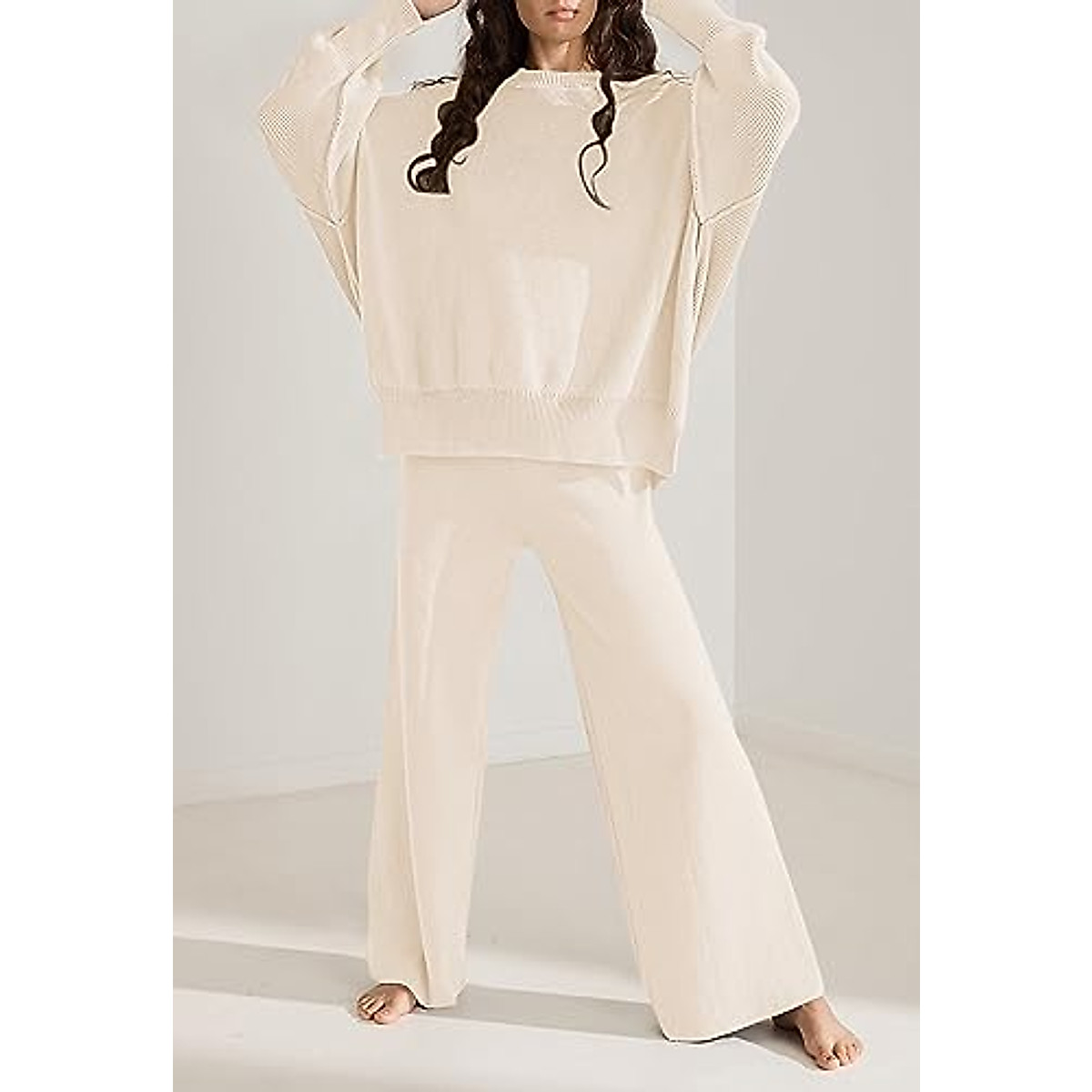 Linsery Womens Sweater and Pant Sets Batwing Sleeve Knitted Tops and Wide Leg Pants Comfy Set 2 Piece Knit Loungewear Tracksuit Apricot M