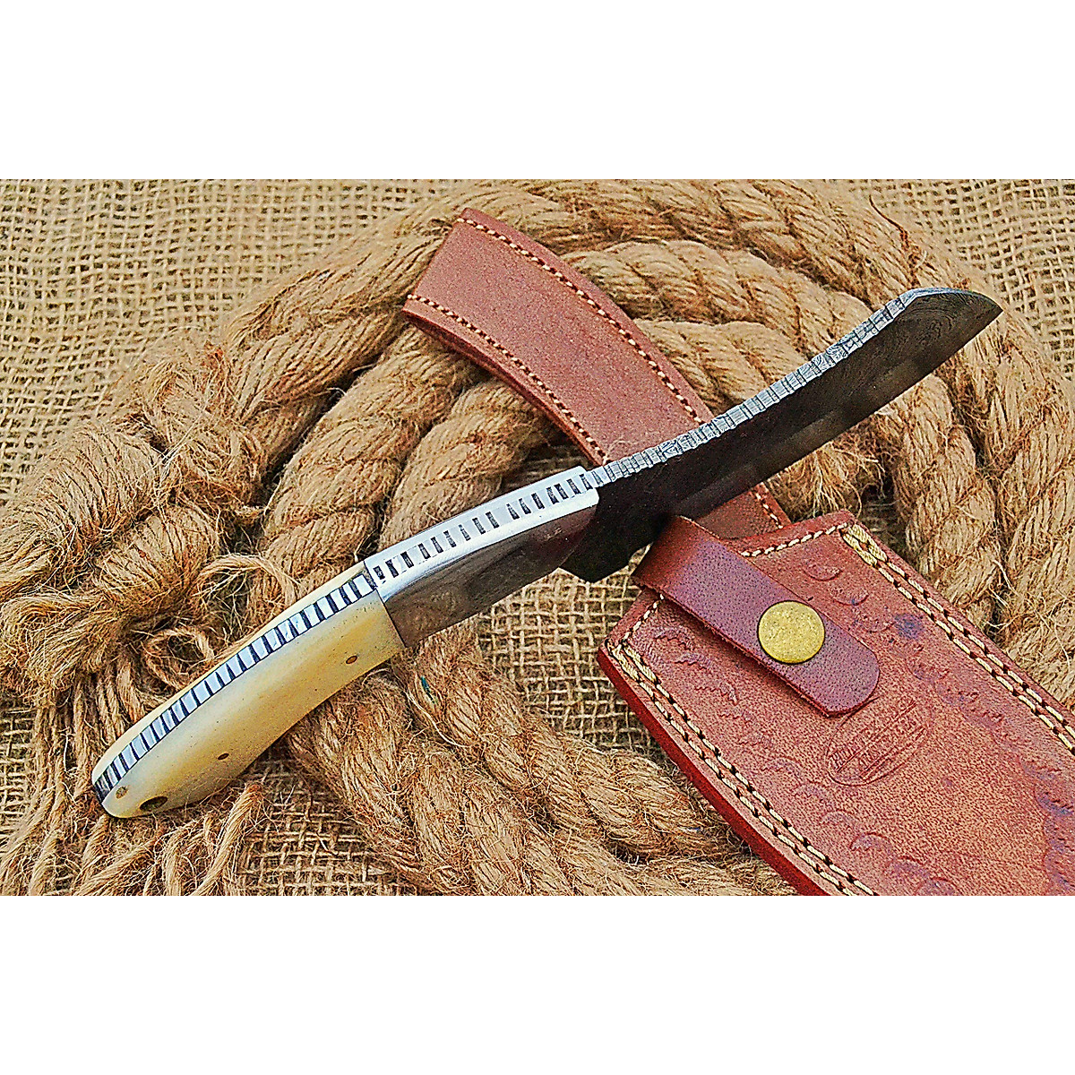 HUNTEX Handmade Hand-Forged Twist Pattern Damascus Steel 9 Inch Long Full Tang Natural Camel Bone Handle Razor Sharp Hunting Camping Cleaver Knife w/Genuine Leather Sheath