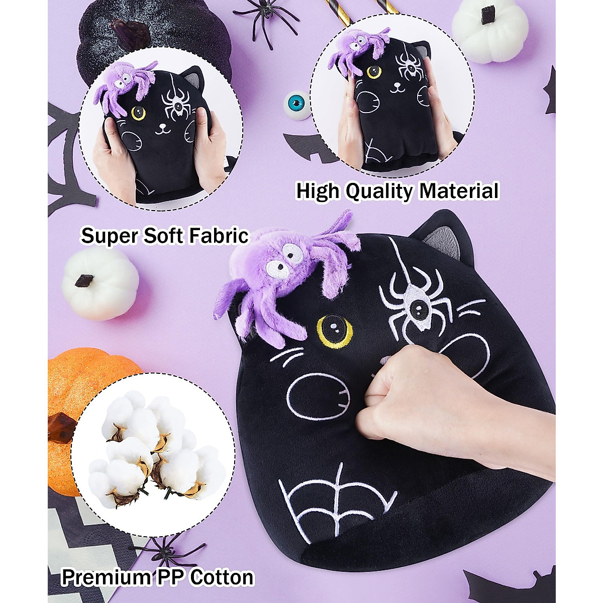 Halloween Plush Cat Stuffed Animals - Black Cats Plush Toys with Purple Spider, Cute Halloween Decor, Kids' Pillow, Gifts for Girls Boys, 8 Inch