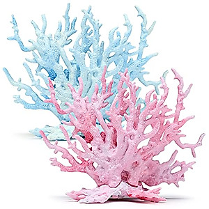 BLLREMIPSUR 2 PCS Aquarium Coral Ornament, Blue Pink Coral Reef Decor, Artificial Plants Fish Tank Decorations