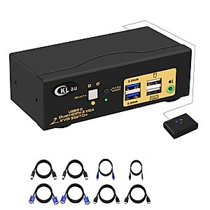 CKLau 4Kx2K@60Hz 4:4:4 2 Port USB 3.0 Dual Monitor KVM Switch HDMI + VGA with Audio and Cables, HDMI VGA KVM Switch 2 Monitors 2 Computers Support Wireless Keyboard Mouse