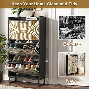 Vibe & Dine Shoe Cabinet with 3 Flip Drawers, Modern Shoe Storage Cabinet with Adjustable Shelves for Entryway Slim, FreeStanding Narrow Shoe Organizer Cabinet with Gold Metal Handle and Legs, Black