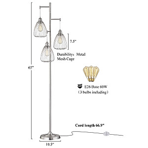 Floor Lamp, Industrial Rustic Standing Lamp with 3 Elegant Teardrop Cage Shade, Modern Tall Floor Lamps for Living Room with 3 Edison Bulbs, Minimalist Pole Floor Light for Home Office - Chrome