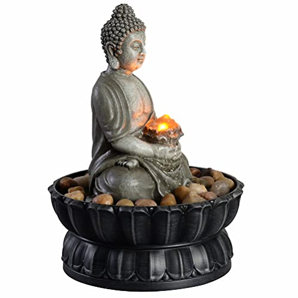 Haobos 9.4" Indoor Tabletop Fountain Exquisite Sitting Buddha Fountains Desk Water Fountain Decorative Zen Fountain w/Reflective Lighting/Cobblestone Office and Home Decor(21125B)
