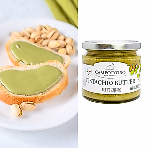 Pistachio Nut Butter, 6.35 oz (180g), Sweet Sicilian Pistachio Cream Spread, Spreadable, Pistachios from Sicily, Italy, No Palm Oil, Campo D'Oro