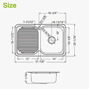 Naiture Drop-In Kitchen Sink, Rectangular Single Bowl Top Mount Sink, 21-Gauge 304 Stainless Steel, 32"L with Left Drainboard and Single Faucet Hole