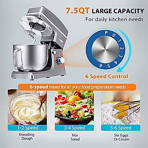 VIVOHOME 7.5 Quart Stand Mixer, 660W 6-Speed Tilt-Head Kitchen Electric Food Mixer with Beater, Dough Hook, Wire Whip, and Egg Separator, Iron Gray