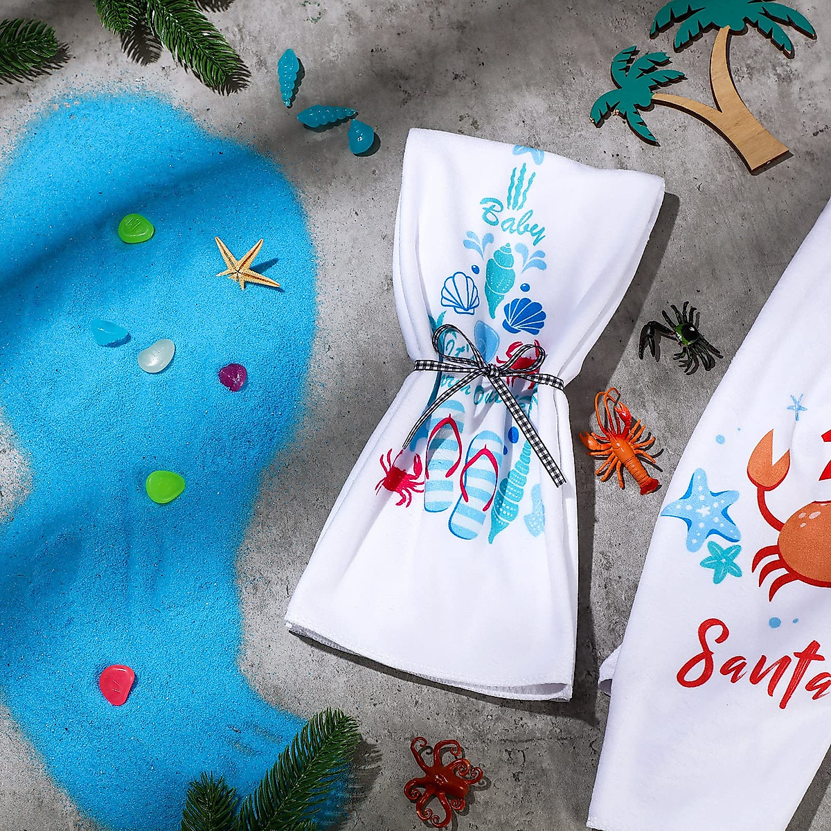 Frienda Christmas Beach Hand Towels Kitchen Santa Claws Crab Dish Towels Beach Theme Baby It's Warm Outside Dish Towels for Coastal Theme Holiday Christmas Bathroom Decor Gift Present