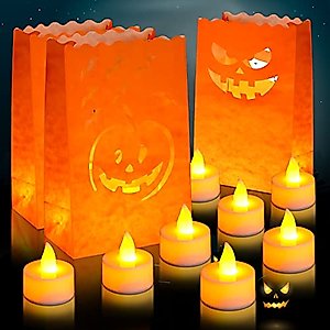 48 Pcs Halloween Luminary Bags with LED Light Candles Set 24 Pcs Halloween Flame Resistant Candle Bags 24 Pcs LED Light Candles Halloween Pumpkin Ghost Decor Luminary Bags for Outdoor Patio Front door