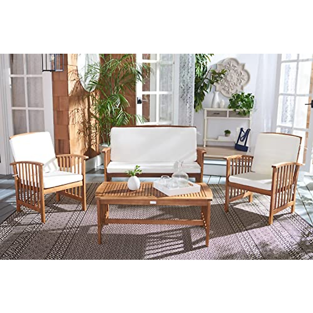 SAFAVIEH Outdoor Collection Rocklin Natural/ Beige 4-Piece Conversation Patio Set with Cushions