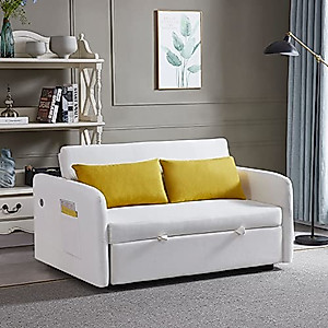 MOEO Modern Velvet Convertible Loveseat Sleeper Sofa with Adjustable Backrest, Pull Out Bed w/Arms & 2 Lumbar Pillows, 2 Seat Corner Couch Living Room & Apartment, White