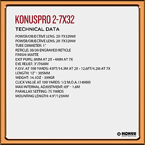 KONUS - KonusPro 7260 - 2X-7X32mm Riflescope With Engraved 30/30 Reticle Black