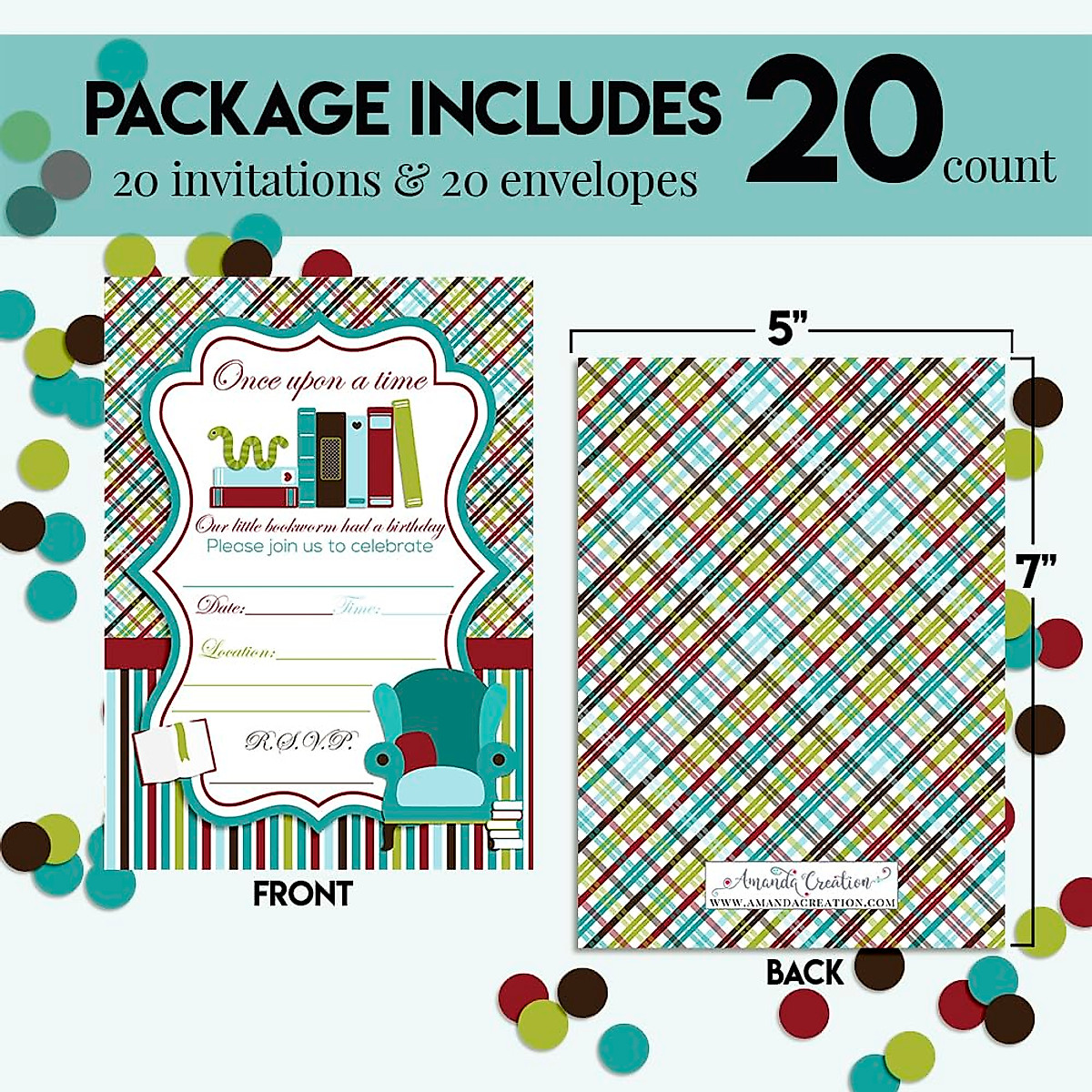 Our Little Bookworm Reading Book Lover Birthday Party Invitations, 20 5x7 Fill In Cards with Twenty White Envelopes by AmandaCreation