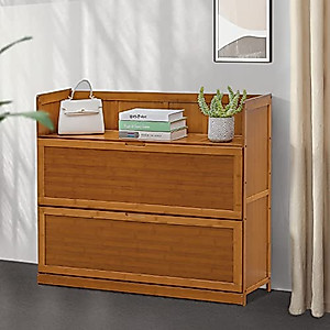 MoNiBloom 5 Tier Shoe Storage Cabinet, Bamboo Boots Heels Sneakers Rack Organizer with Pull-Down Door for 16-20 Pairs Entryway Hallway Living Room, Brown