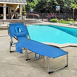 BANGTANE Tanning Chair, Lounge Chair for Outside, Portable Folding Beach Lounger w/ 5 Backrest Positions, Face Hole & Removable Pillow, 331LBS, Ideal for Poolside, Beach, Garden (Blue)