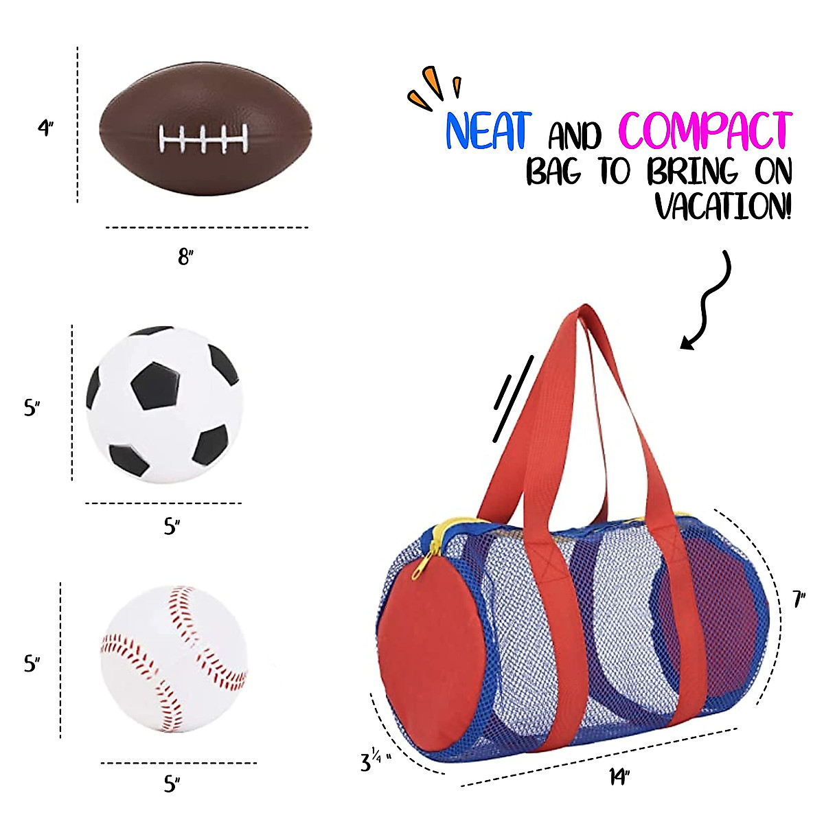 Neliblu Large Balls for Little Kids - Fun Set of 3 Sports Balls in Convenient Storage and Carry Bag - Includes 5" Baseball, 5" Soccer Ball, 8" Football - Perfect for Outdoor and Indoor Safe Play