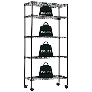 MGHH Garage Shelving, Metal Shelves 5 Tier Wire Shelving Unit Adjustable Heavy Duty Sturdy Steel Shelving Rolling Cart with Casters for Pantry Garage Kitchen, Black