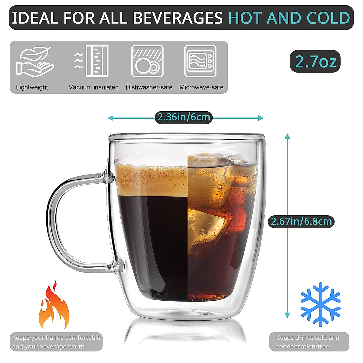 Bivvclaz Espresso Cups Set of 2, 2.7 Ounces Double Wall Glass Espresso Cups, Insulated Espresso Shots Cup, Clear Espresso Shot Glass for Espresso Accessories, Suit for Espresso Machine