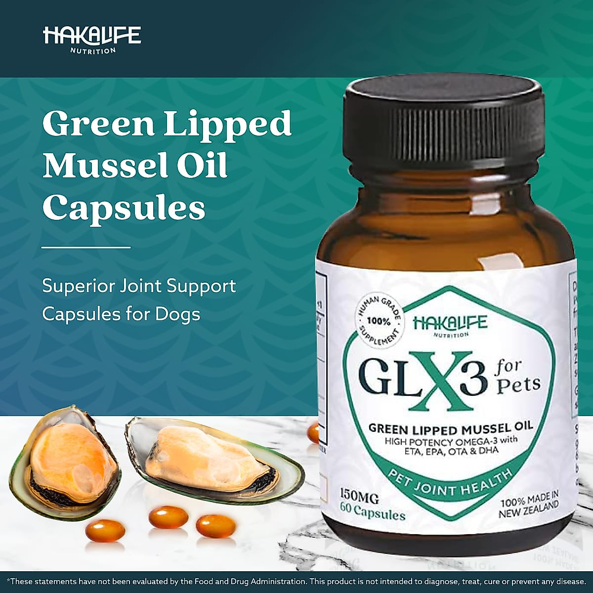 GLX3 Green Lipped Mussel Oil for Dogs | Joint & Hip Comfort Omega-3 Supplement | Ideal for All Dog Breeds and Ages | 1 Month Supply, 60 Soft Chews w/Natural Ingredients