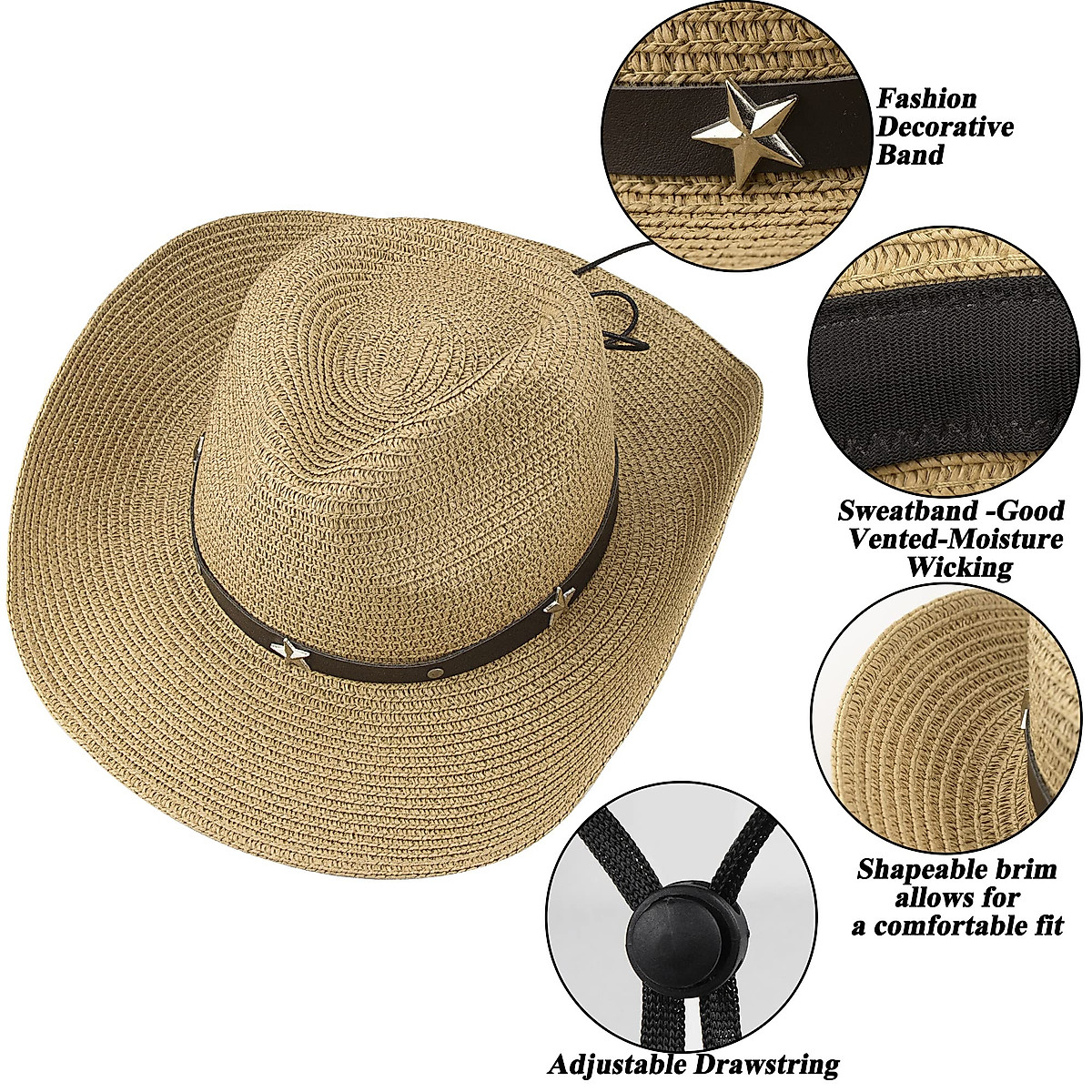 Straw Cowboy Hat for Women Men Western Sun Hat Wide Brim Summer Belt Cowgirl Hats(M-L) Khaki