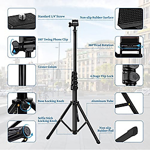 70" Phone Tripod Stand for Recording, Selfie Stick Tripod with Remote Phone Mount, Flexible Travel Tripod for Video Vlogging Photography, Compatible with iPhone Android iPad Cell Phone and Camera