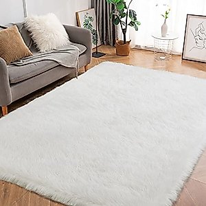 HOMBYS 9x12 Faux Fur Sheepskin Area Rug for Living Room Bedroom, Super Soft Fluffy Carpet White Plush Home Decoration, Fuzzy Room Decor