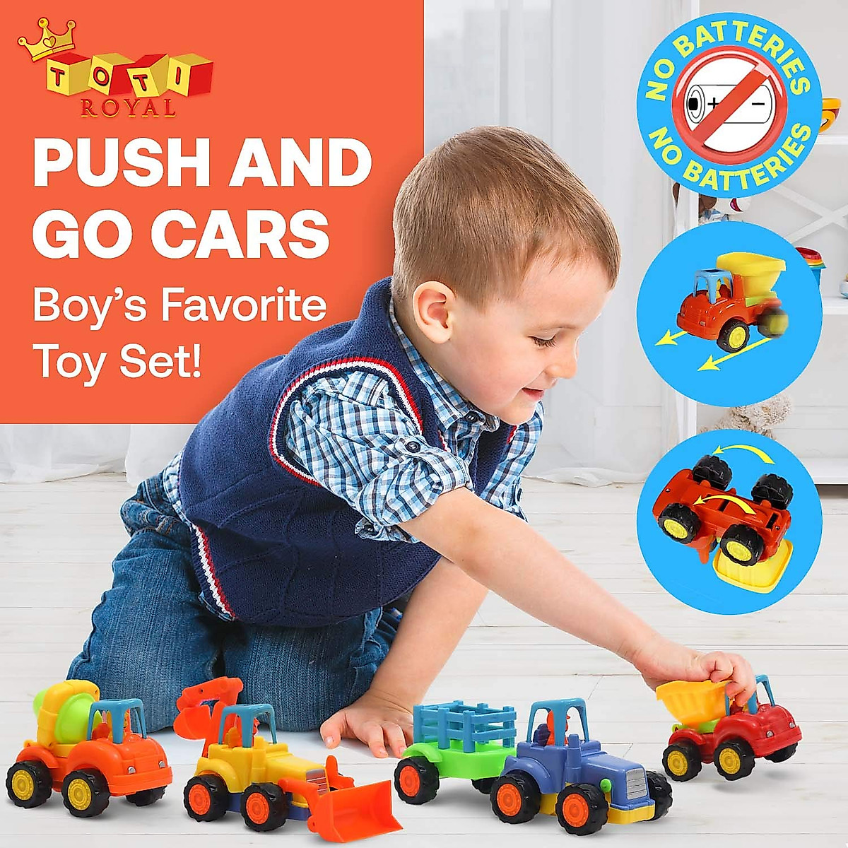 friction Powered Cars Push and Go Construction Vehicles Toy Set of 4 Cartoon Bulldozer, Tractor, Cement Mixer, Dump Truck - w/Bonus Mesh Bag Toddler/Baby-Friendly for Boys and Girls Ages 1-5 Kids Gift