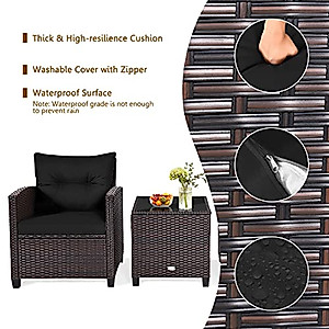 RELAX4LIFE 3 Piece Patio Furniture Set, Wicker Bistro Conversation Set w/ 2 Cushioned Armchairs & Glass Topped Table, Outdoor Rattan Sofa Set Patio Furniture for Porch Balcony Poolside (Black)