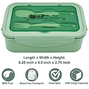 Bento Lunch Box for Kids, All-in-One Bento Lunch Box Container for Childrens, Built-in Plastic Utensil Set, and Insulation Lunch Bag, BPA-Free (Green)