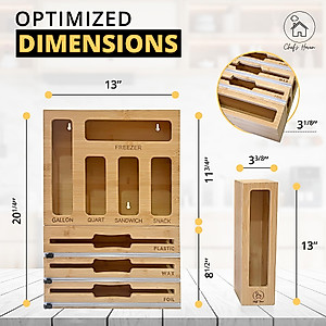 Chef's Haven 9 IN 1 Storage Bag Organizer, Foil and Plastic Wrap Organizer with Cutters, Bamboo Kitchen Baggie Organizer for Drawer, Pantry & Countertop, Storage for Gallon, Quart, Sandwich, Snack Bag