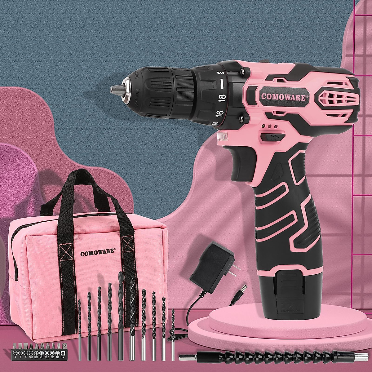 COMOWARE Pink Cordless Drill Set, 12V Power Drill Set Electric Screwdriver Driver Tool Kit for Women, 3/8" Keyless Chuck 1 Battery & Charger with Storage bag