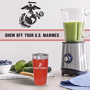 United States Marine Corps 20oz Travel Tumbler- Stainless Steel Red Coffee Mug with Acrylic Lid- Military Gear, Ideal Gift for Armed Services Veteran, Active Duty Marine- For Office, Home, Auto