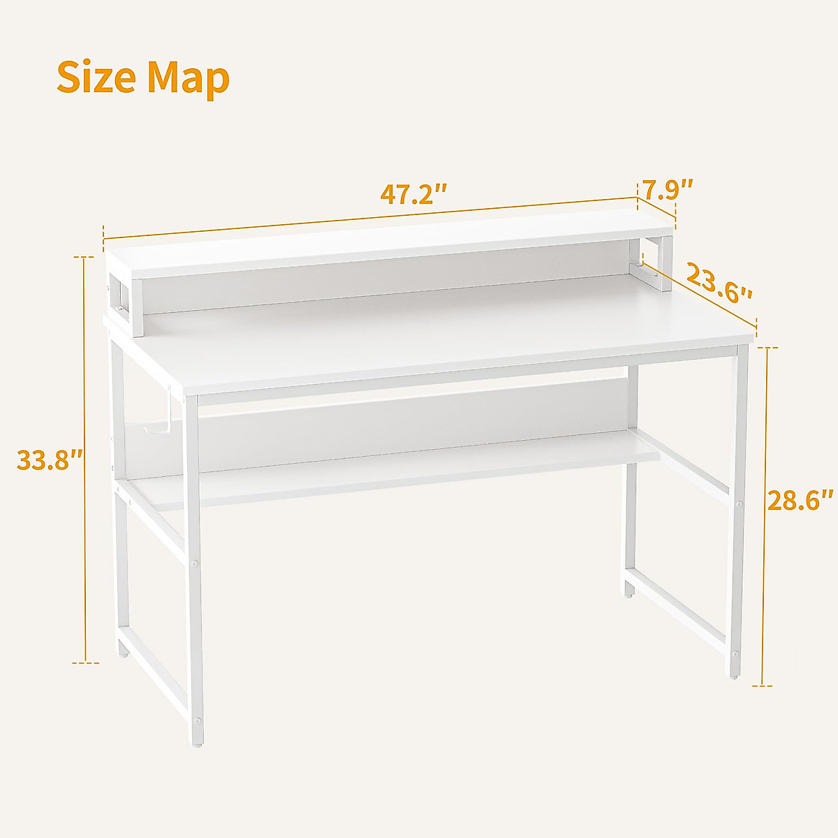 Cubiker 47 Inch Computer Desk with Storage, Home Office Desk with Monitor Stand and Storage Shelves, Modern Study Writing Desk, White