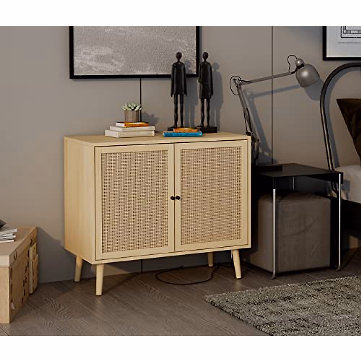 QHITTY Rattan Sideboard Buffet Cabinet, Accent Kitchen Storage Cabinet Console Table with Adjustable Shelves for Living Room, Dining Room, Bedroom (Natural)