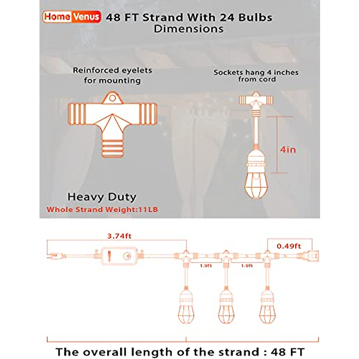 HVS Smart Outdoor String Lights LED 48Ft Color Changing RGBW Patio String Lights Infinite Connectable APP Control 2.4GHz WiFi Waterproof 24 Acrylic Work with Alexa Google for Party Outside Café