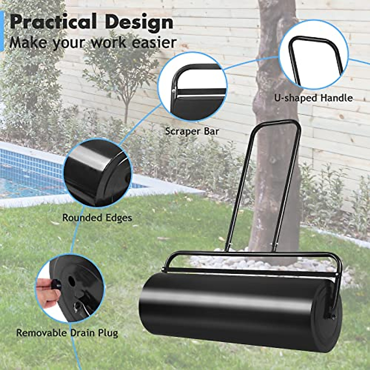 Goplus Lawn Roller, Push/Tow Behind Water/Sand Filled Steel Yard Sod Roller for Garden Backyard, 13 Gallon/48 L, 24"x13", Black