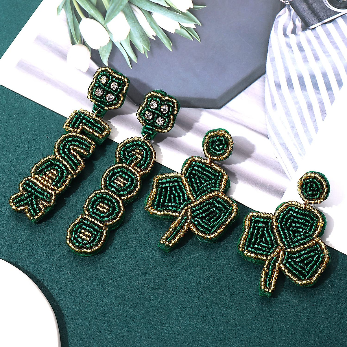 NLCAC 2 Pairs St Patricks Day Earrings Green Beaded Shamrock Earrings Handmade Good Luck Clover Dangle Earrings Funny Irish Holiday Party Jewelry Gifts (Green Gold)