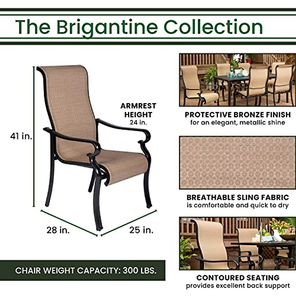 Hanover Brigatine 7-Piece Modern Patio Dining Set with 6 Quick-Dry Tan Sling Chairs and 40"x70" Square Cast-Top Table, All-Weather Outdoor Furniture Set for Backyard and Deck