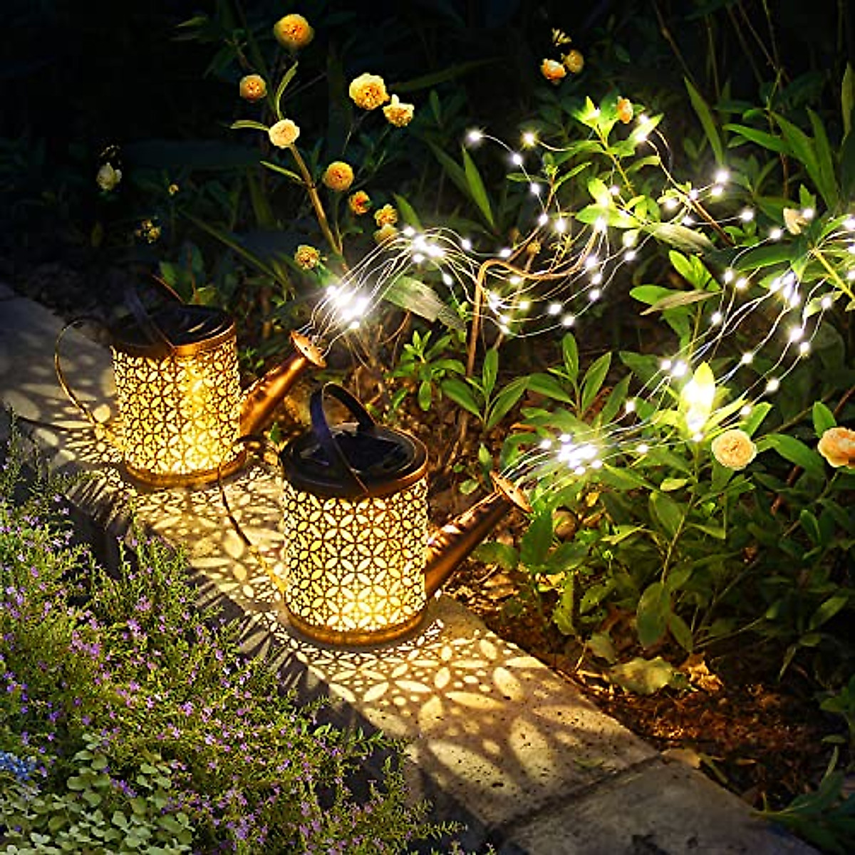 2 Pack Solar Watering Can with Lights,Solar Lanterns Outdoor Hanging Waterproof Garden Decor,Solar Lights Outdoor Garden Decorative,Retro Metal Solar Garden Lights Yard Decorations for Lawn Path Patio