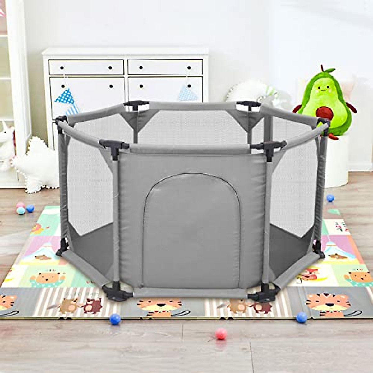 Baby Play Mat, 79 x 71 x 0.4 Inch Folding Baby Crawling Mat, Waterproof Reversible Playmat for Infants, Toddler, Kids, Indoor Outdoor Use (Elephant & Lion)