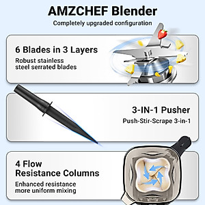 Amzchef 1200W Blenders for Kitchen, 4 Preset Menus for Shakes and Smoothies, Puree, Crush Ice & Hearty Soups with Infinitely Variable Speed & Pulse, 68 oz. Pitcher - Black