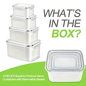 TBMax Fruit Vegetable Storage Containers for Fridge - 4 Pack Large Produce Saver Containers Refrigerator Organizer Bins, Plastic Produce Keepers with Lid & Colander for Salad Berry Lettuce Storage