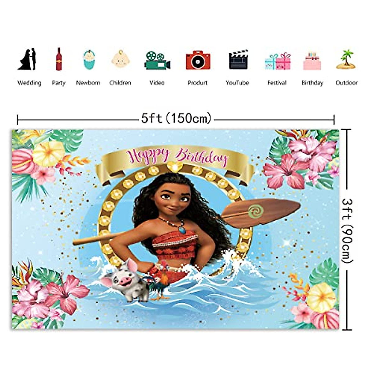 Summer Beach Baby Moana Theme Backdrops Pink Flowers Blue Water Girls 1St Birthday Party Background Baby Shower Moana Cake Table Decoration Banner Photo Studio Props (5x3ft)