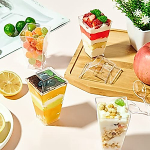 JOLLY CHEF 100 x 3 oz Mini Dessert Cups with Spoons and Lids, Square Tall - Clear Plastic Parfait Appetizer Cup - Small Reusable Serving Bowl for Party Desserts Appetizers