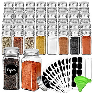 CycleMore 48 Pack 4oz Glass Spice Jars Bottles, Square Spice Containers with Silver Metal Caps and Pour/Sift Shaker Lid-80pcs Black Labels,1pcs Silicone Collapsible Funnel and 2pcs Brush Included