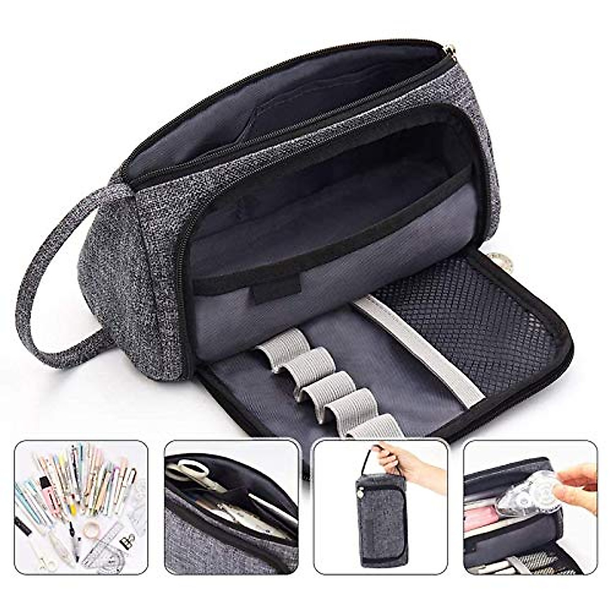 Big Capacity Colored Canvas Pencil Pen Case, Large Multifunction Pencil Pen Holder Organizer Bag for Students Office Back to School by Hubhnb (Gray)